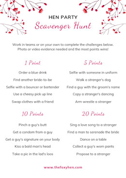 Free Hen Party Scavenger Hunt Game The Foxy Hen
