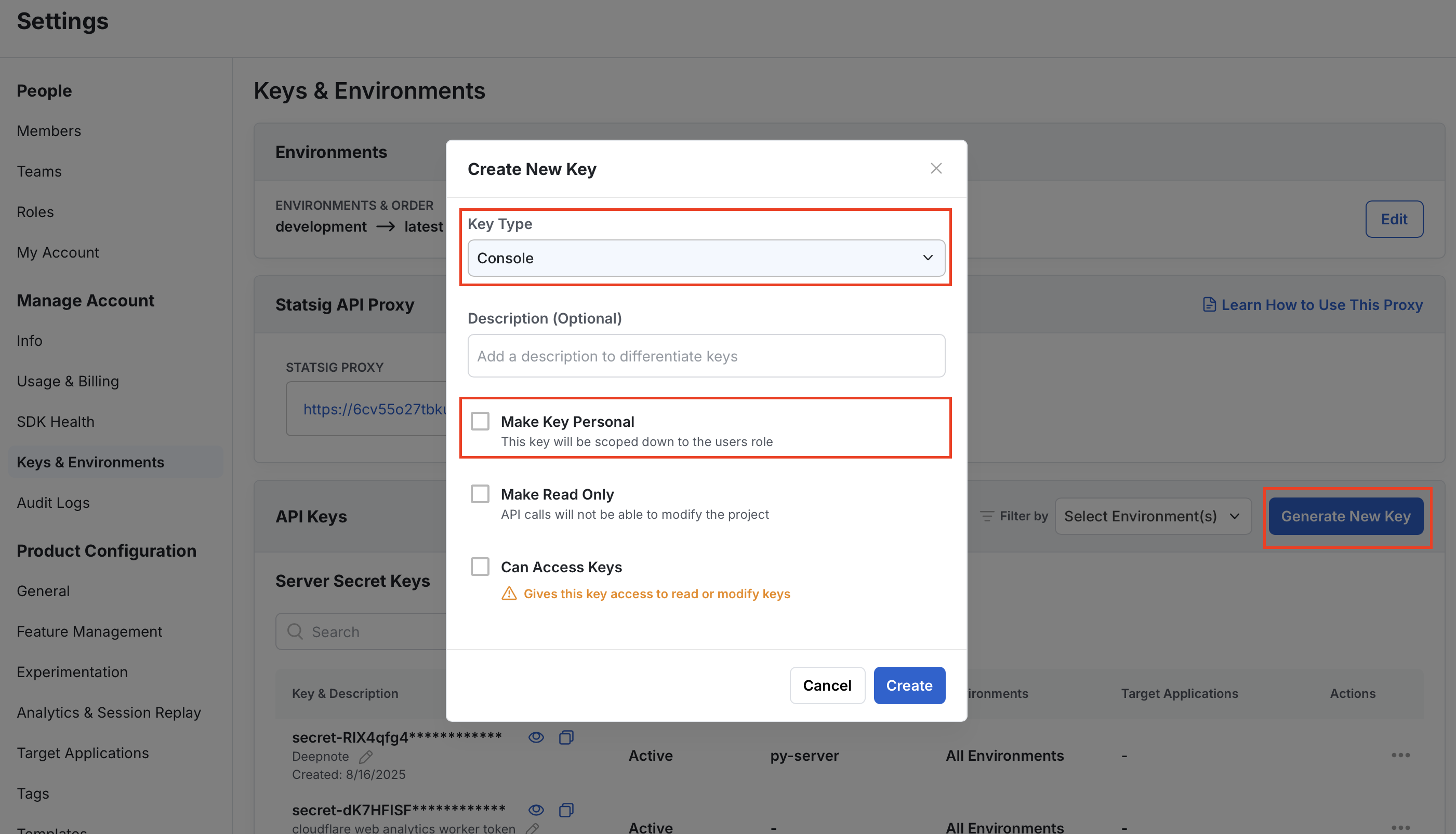 Personal Console API Key | Statsig Product Updates