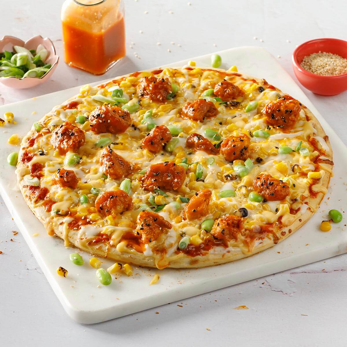 Korean Cheese Corn Pizza with Spicy Korean Fried Chicken | Simplot Foods