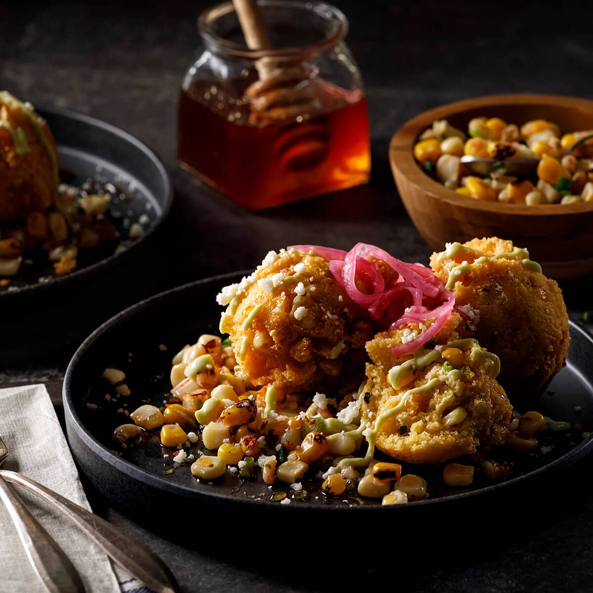 Roasted Corn Fritters, Avocado Crema and Pickled Corn | Simplot Foods