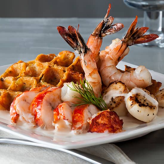 Morel Waffle Mash Stacker with Shrimp Lobster and Scallops | Simplot Foods