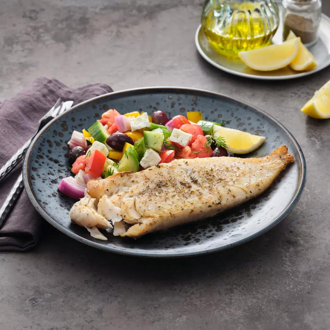 Grilled Hake with Greek Style Salad