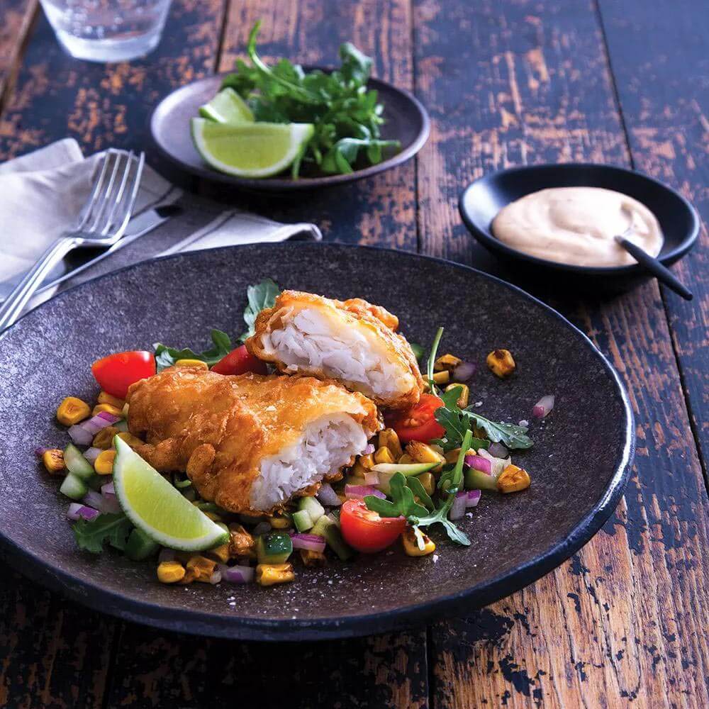 I&J Crispy Battered Hoki With Mexican Charred Corn