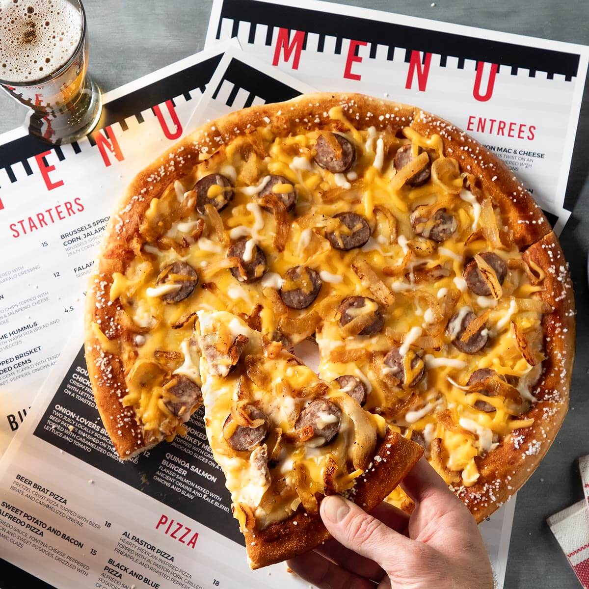 Beer Cheese, Brat and Caramelized Onion Pretzel Pizza | Simplot Foods