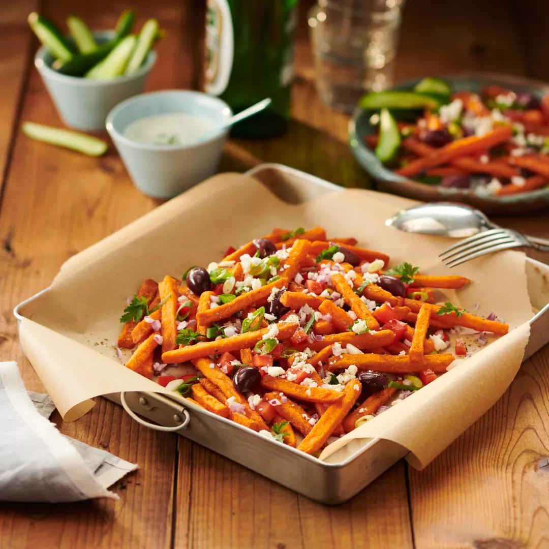 Loaded Greek Style Sweet Potato Chips Recipe | Simplot Food - Australia