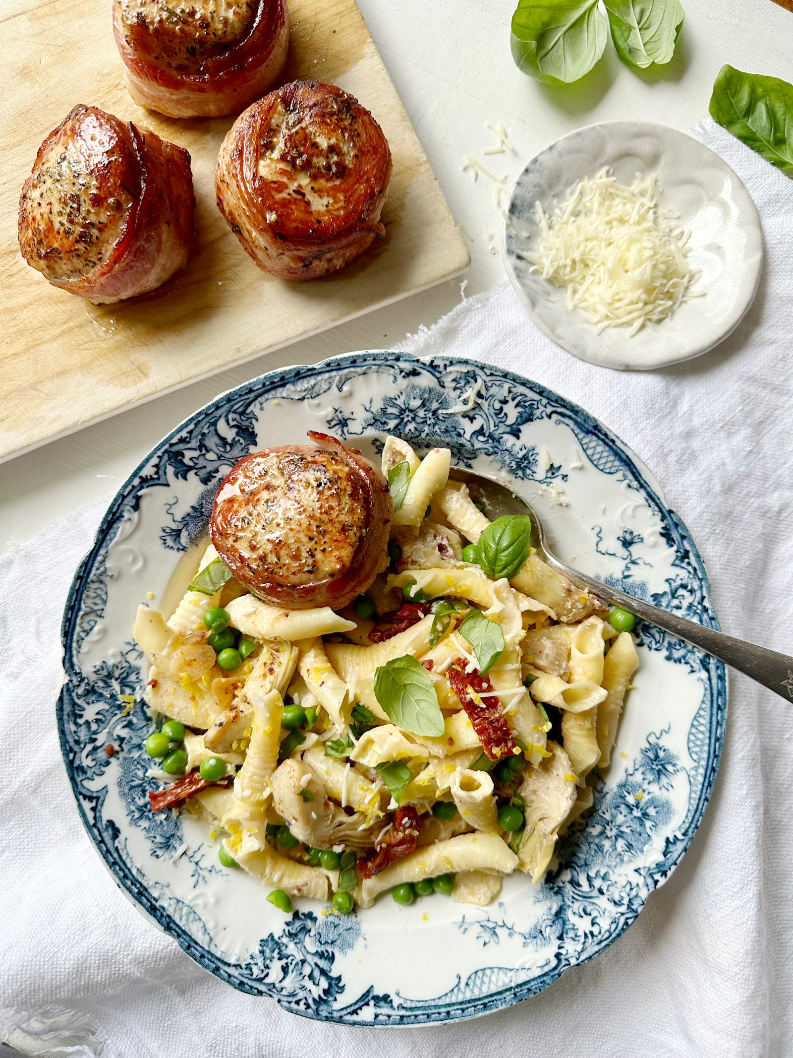 Bacon Wrapped Chicken Medallions and Lemon Pasta with Artichokes and ...