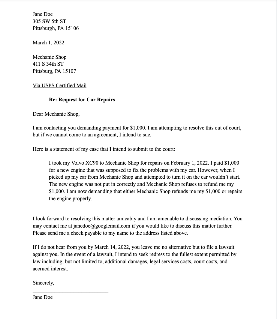 Demand Letter to a Mechanic Shop (Free Template)