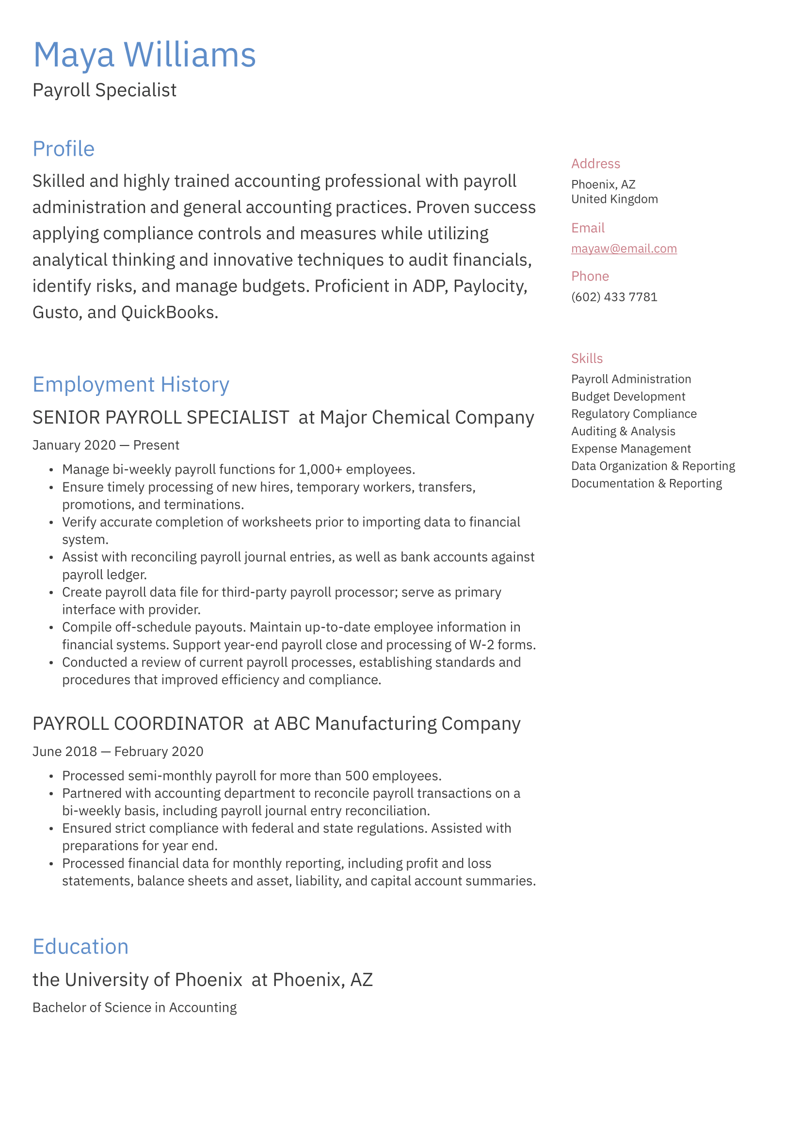 Payroll Specialist Resume Example & Writing Guide
