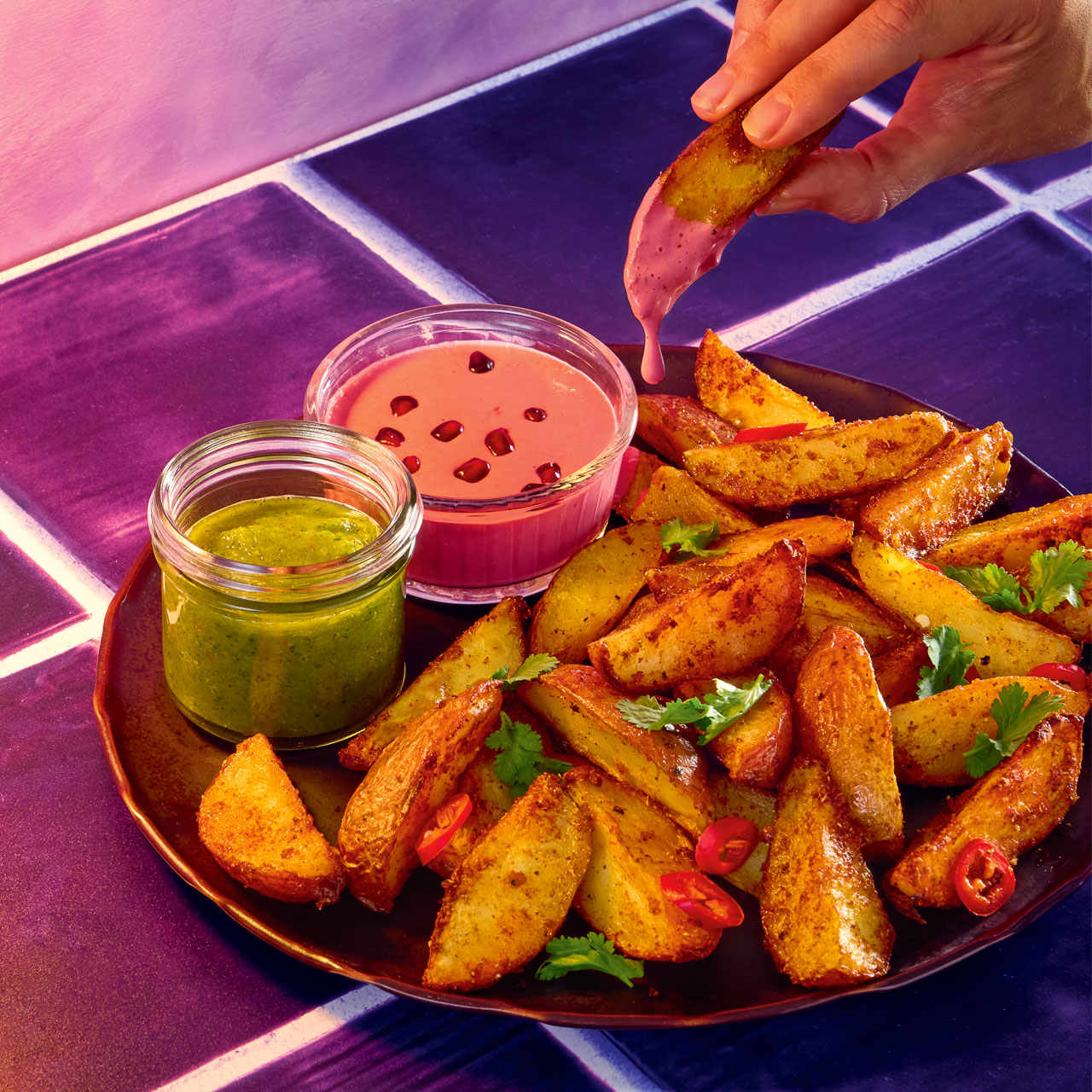 Masala Potato Wedges with Chutney and Beetroot Raita