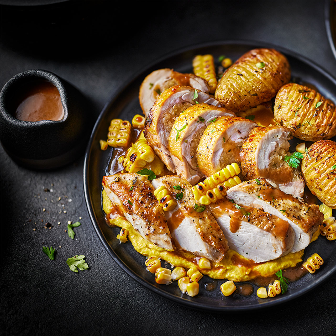 Roast Chicken, Sage-Stuffed Ballotine and Sweetcorn Purée