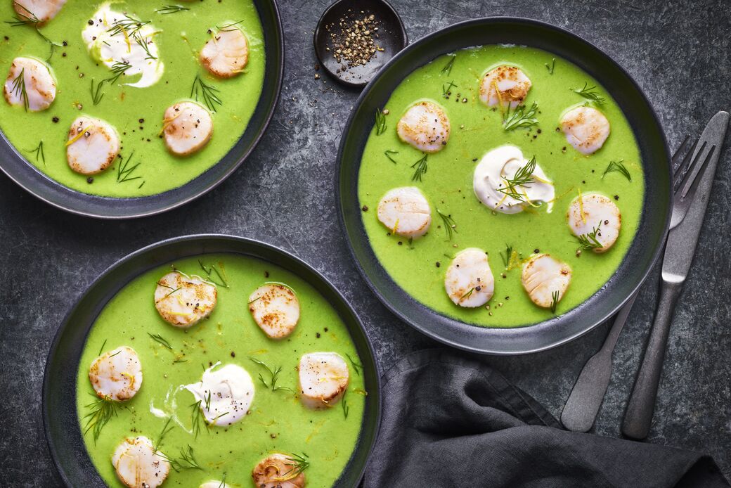 Pea and Dill Soup with Poached Scallops Recipe | Ocado