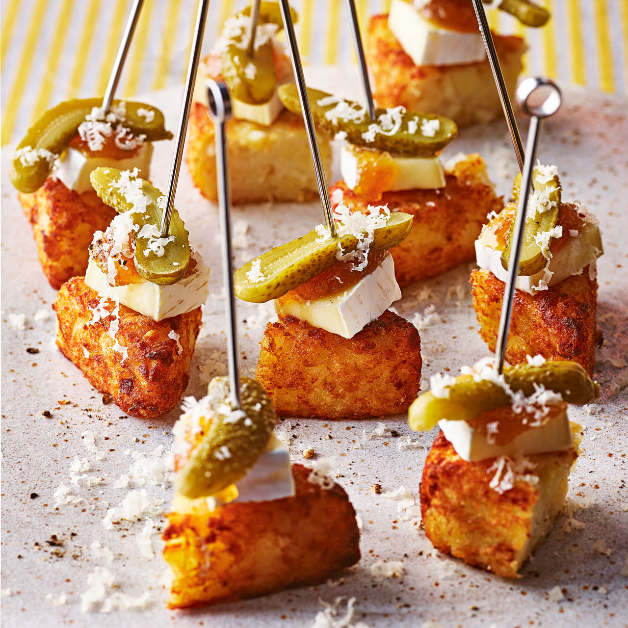 Hash Brown, Pickle and Brie Stacks