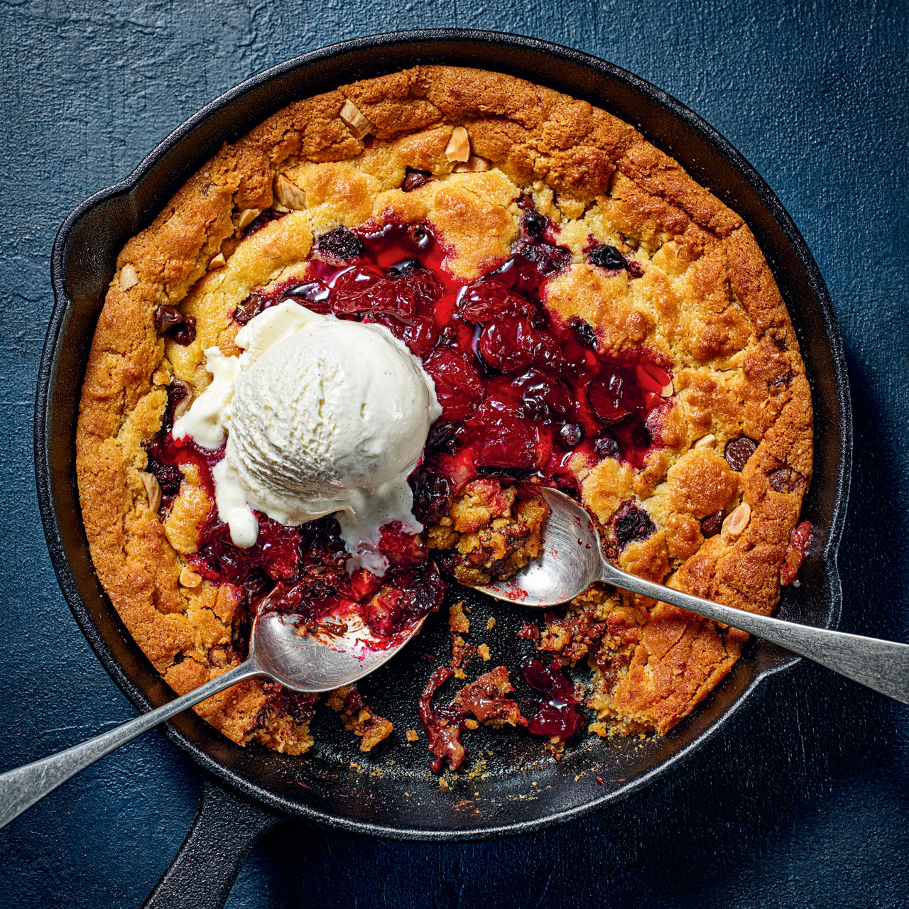 Baked Black Forest Cookie Dough with Spiked Cherry Compote