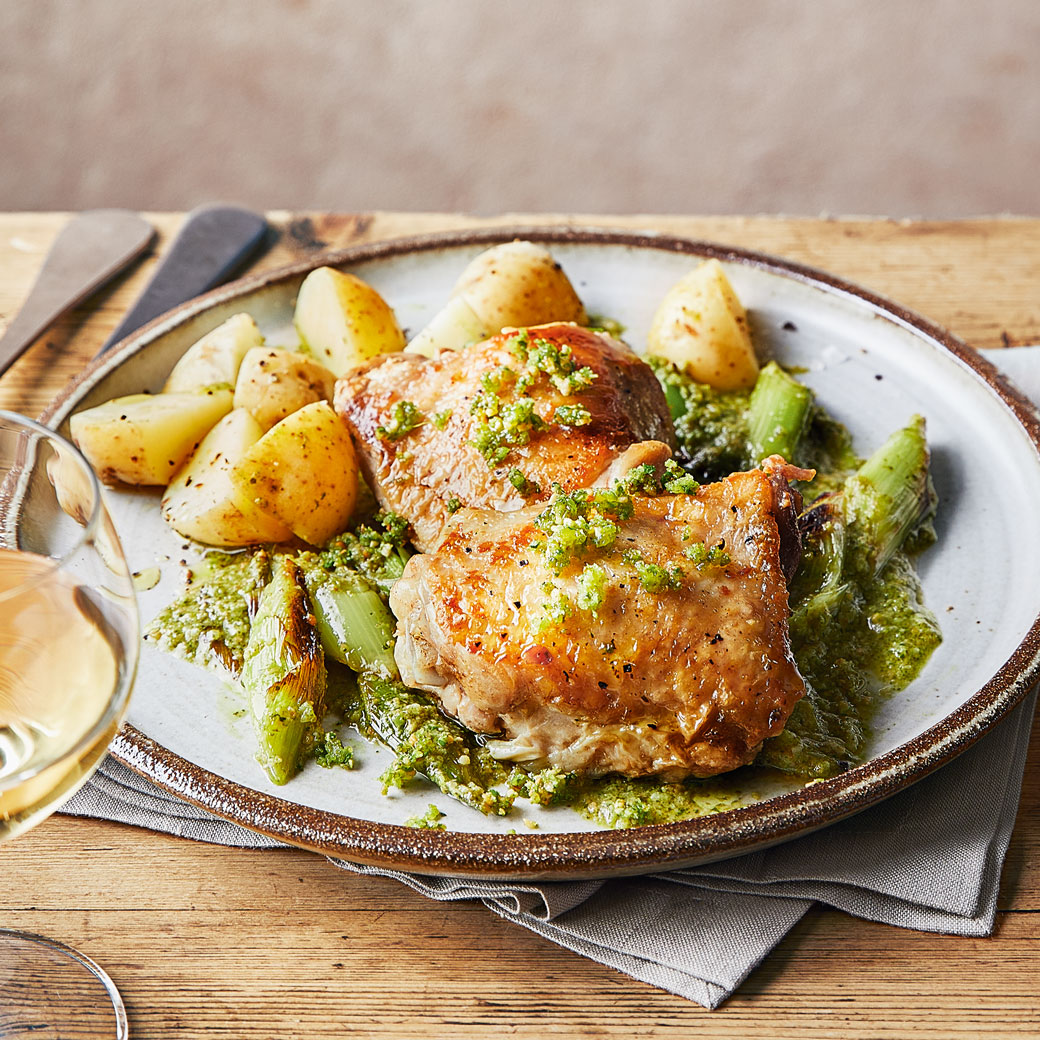 Sherry-braised Chicken with Baby Leeks and Watercress Picada Recipe | Ocado