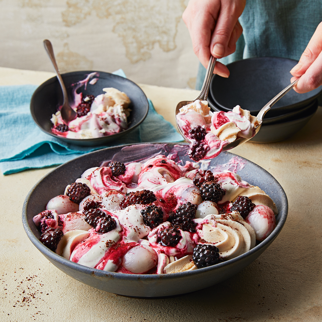 Warm Blackberry, Lychee and Sumac Eton Mess Recipe | Ocado