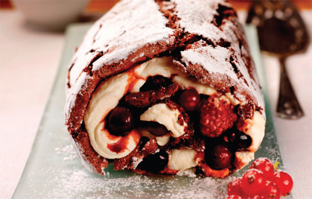 Chocolate roulade with spiced berry compote and cointreau cream Recipe ...