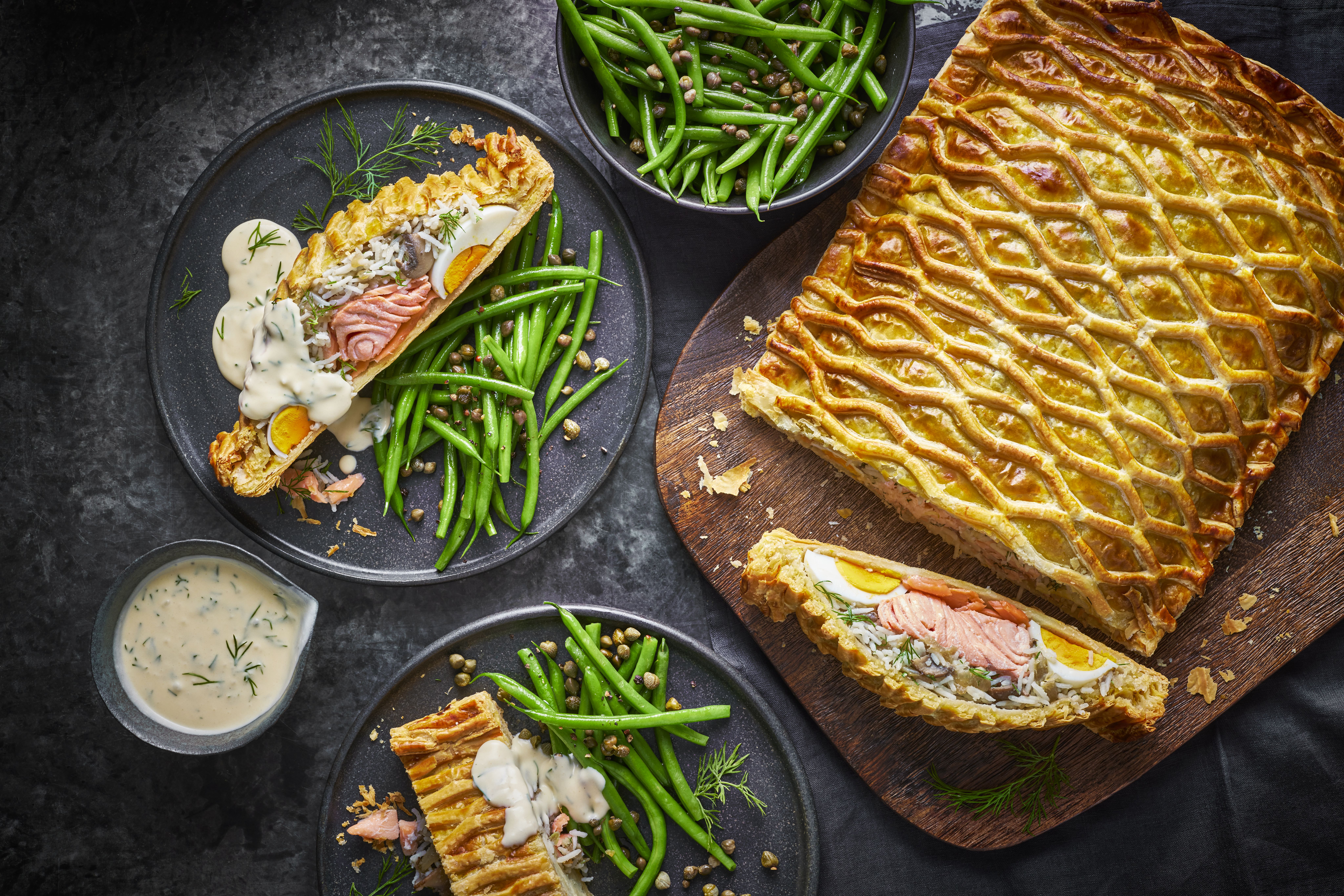 Salmon Coulibiac with Champagne Veloute, Fine Beans and Walnut Oil ...