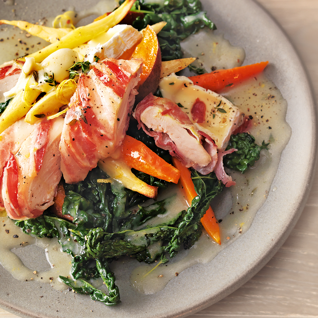 Pancetta Chicken with Roasted Vegetables & Melting Camembert Recipe | Ocado