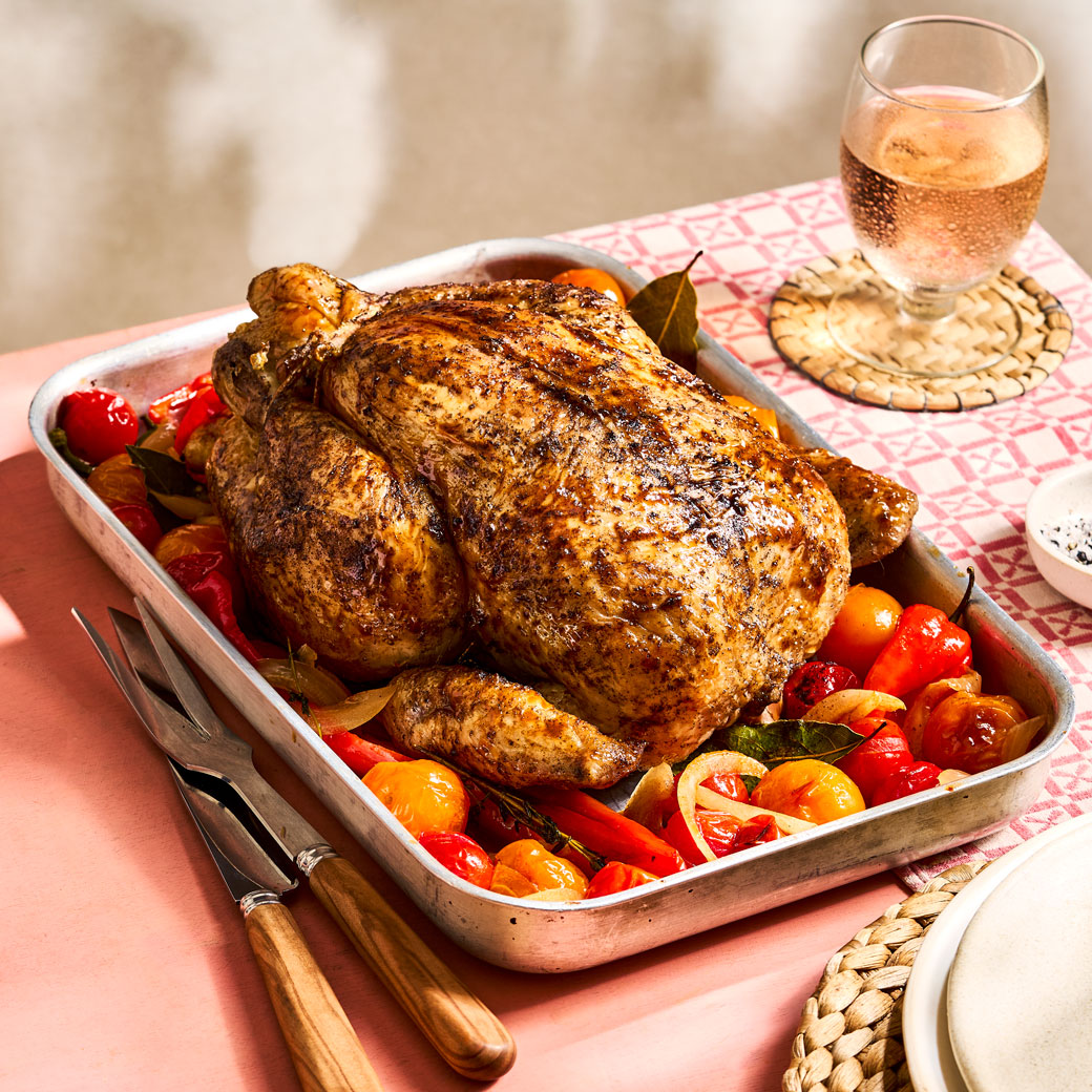 Allspice Roast Chicken with Tomatoes and Thyme Recipe | Ocado