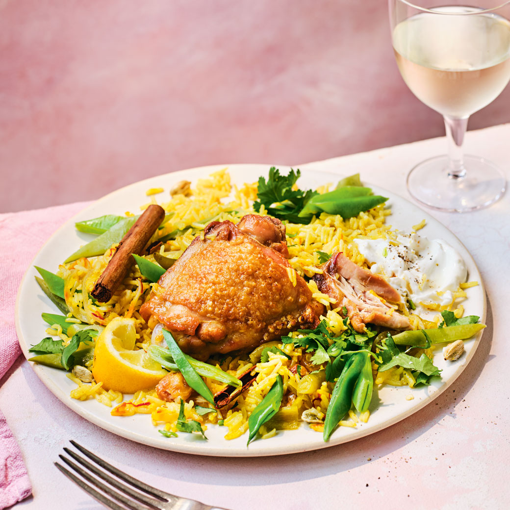 Crispy Chicken with Runner Bean and Saffron Pilaf Recipe | Ocado