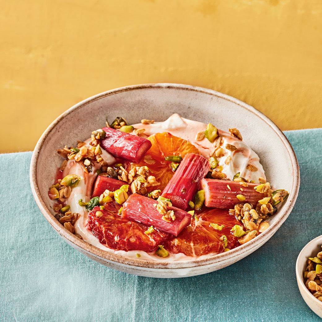 Poached Rhubarb with Blood Orange, Yoghurt and Pistachio Granola Recipe ...