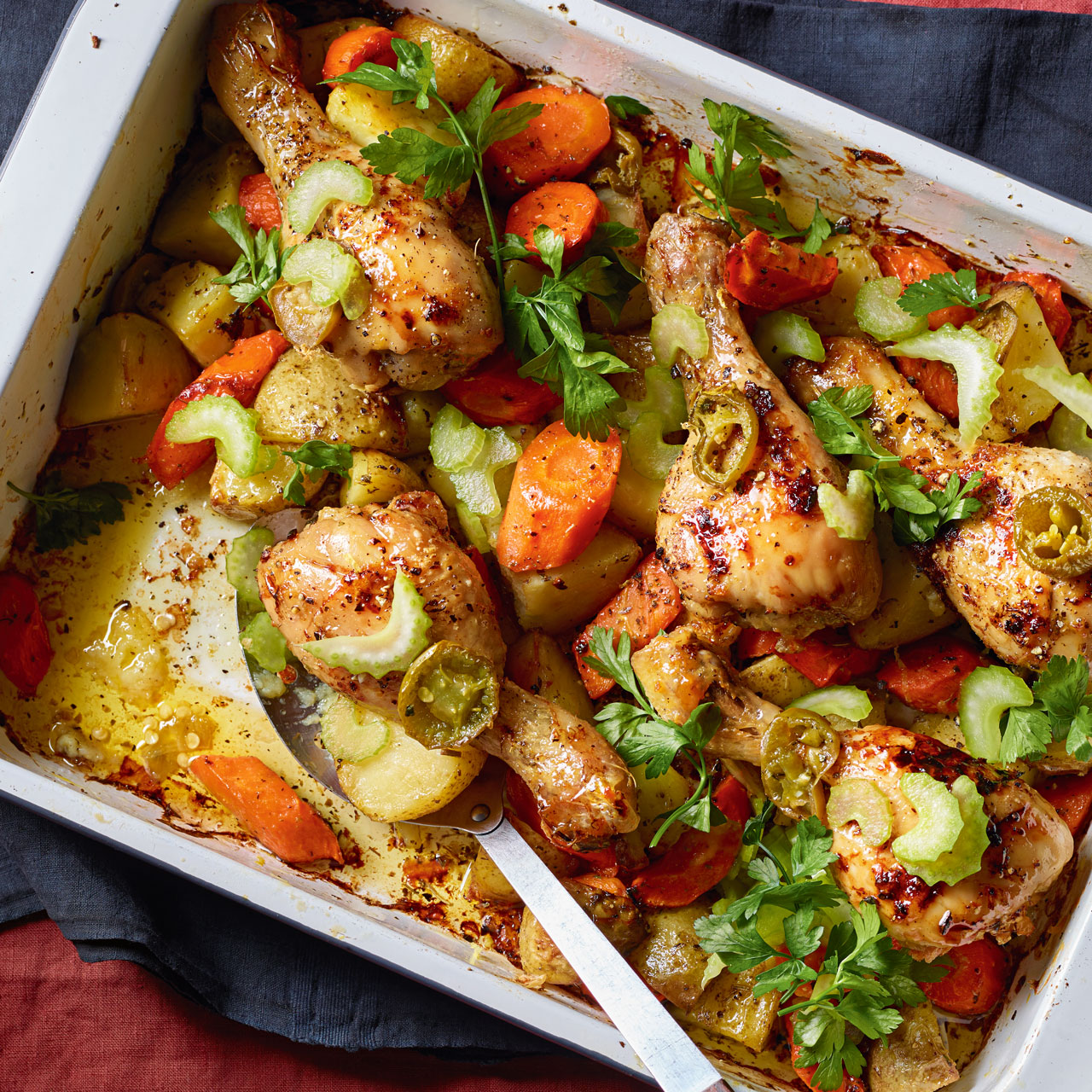 Garlicky Chicken Traybake with Pickled Celery