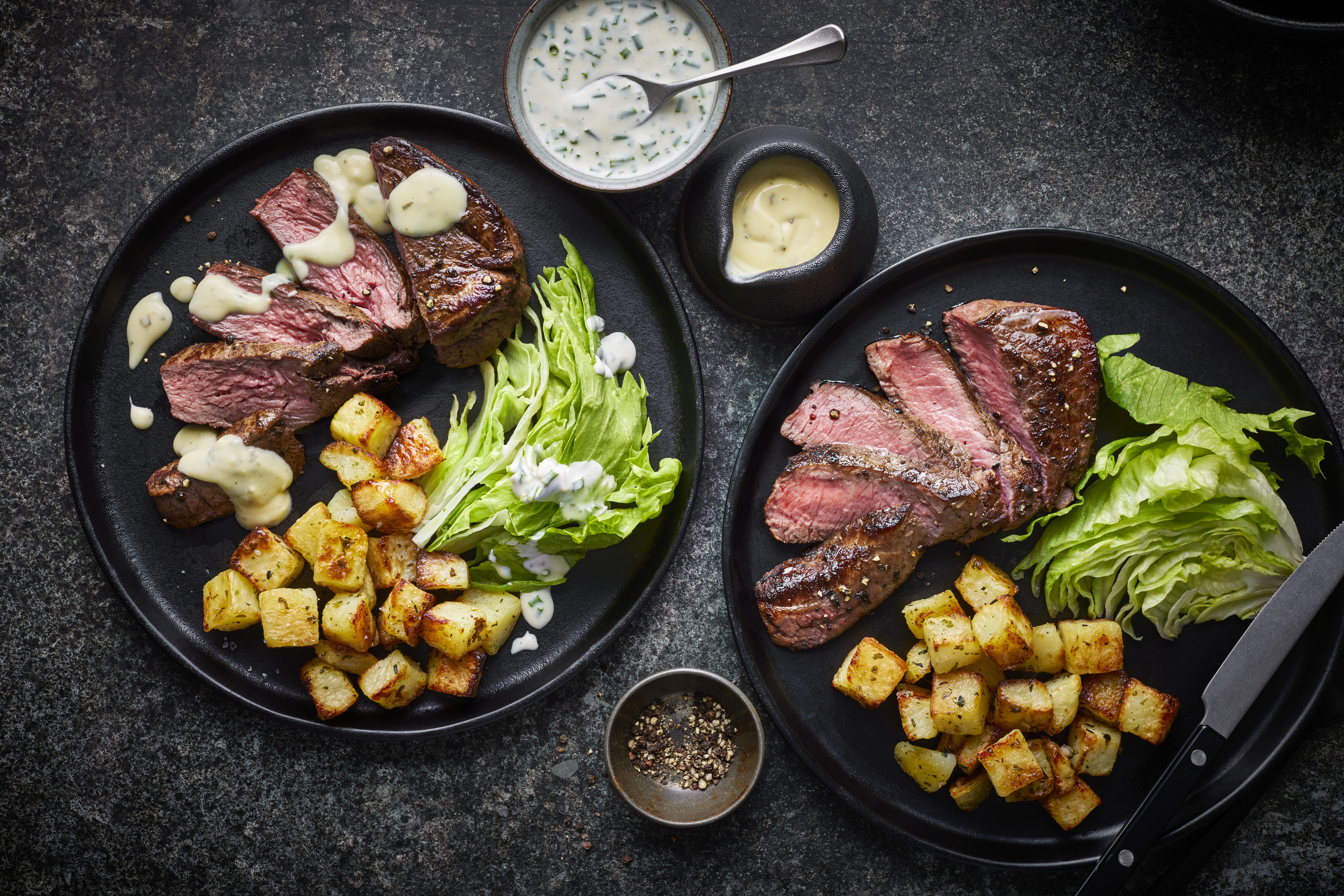 Beef Fillet with Potatoes and Iceberg Wedge Salad with Ranch Dressing ...