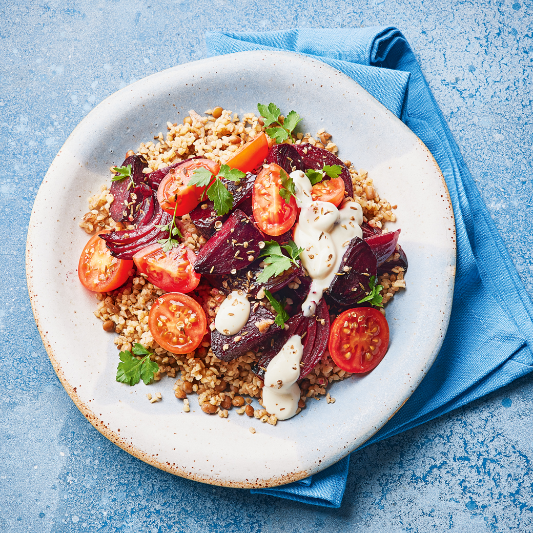 Bulgur and Lentils with Roast Beetroot and Sticky Onions Recipe | Ocado