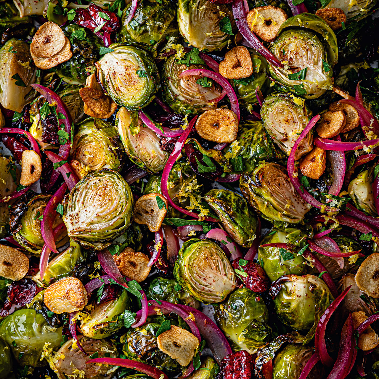 Charred Sprouts with Garlic Chips