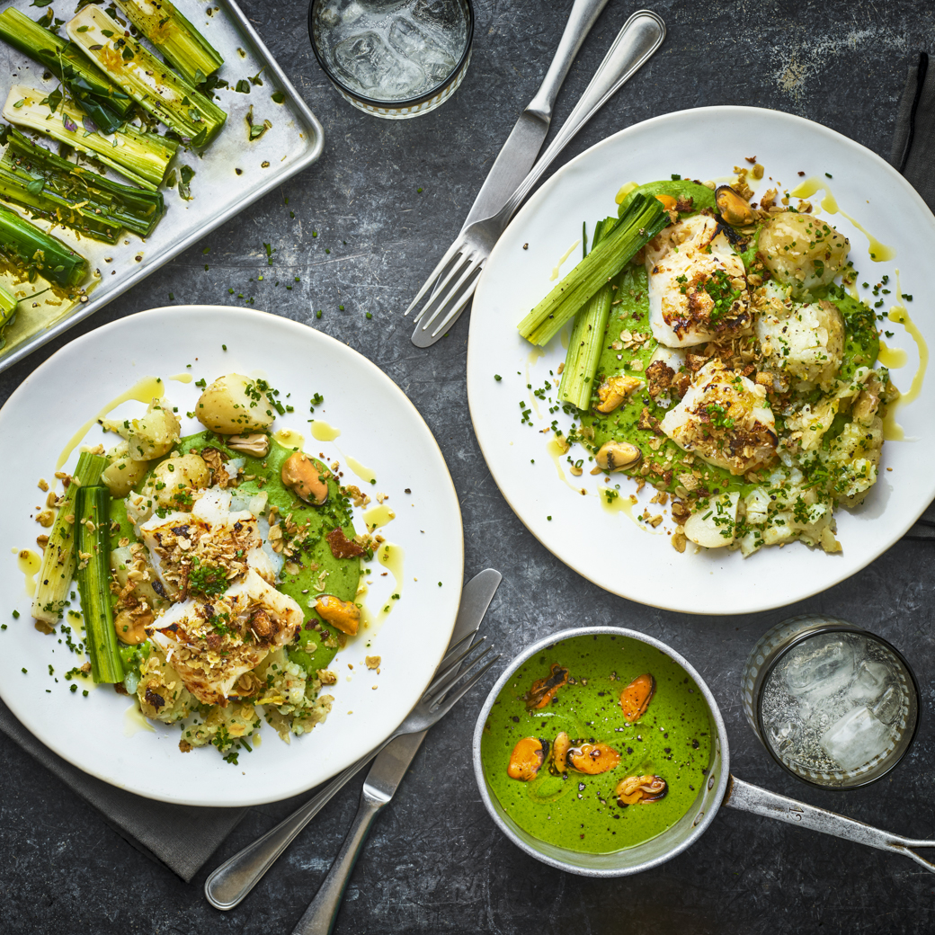Parmesan-Crusted Cod Loin With Braised Leeks And Parsley Sauce Recipe ...
