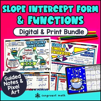 Slope Intercept Form & Functions Guided Notes & Pixel Art Digital ...