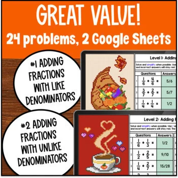 Thanksgiving Adding Fractions with Like & Unlike Denominators Pixel Art ...