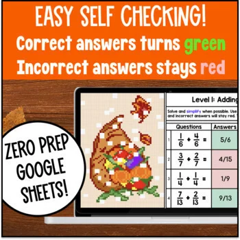 Thanksgiving Adding Fractions with Like & Unlike Denominators Pixel Art ...