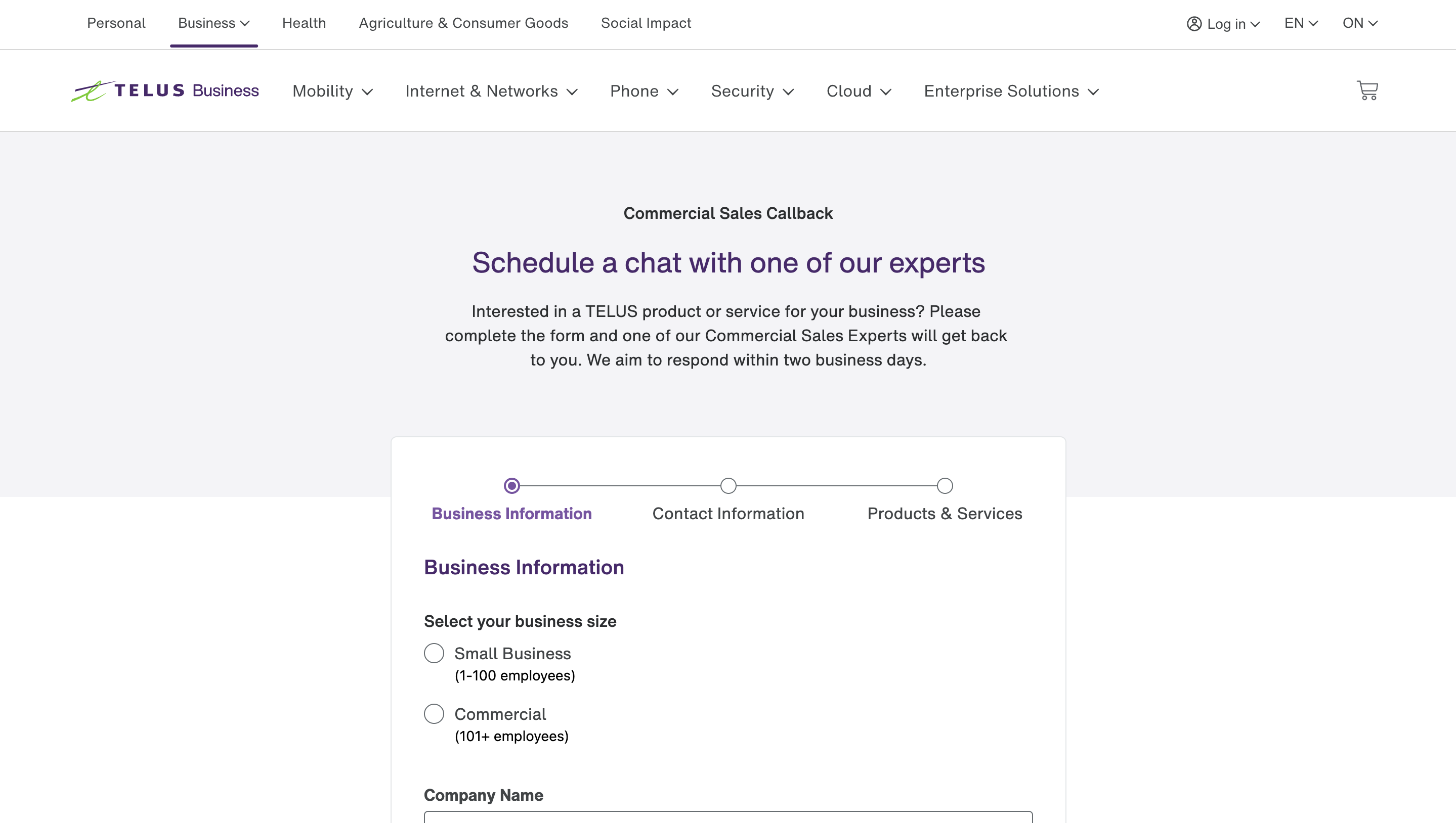 Schedule Commercial Sales callback | TELUS Business