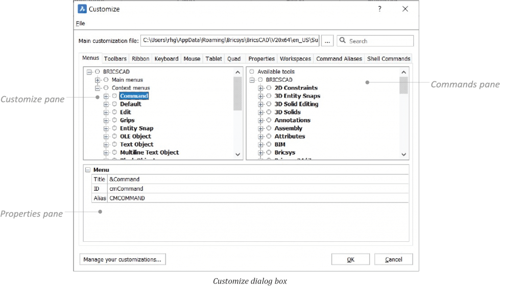 Introduction To The Customize Dialog Box Customizing Bricscad® P6 Bricsys Blog