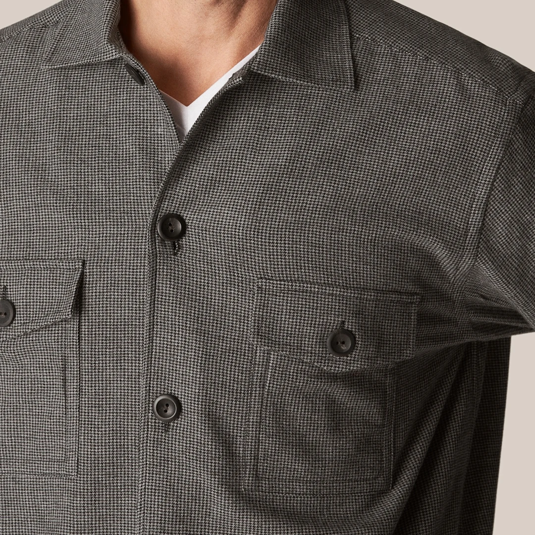 Light Gray Houndstooth Cotton-Wool-Cashmere Flannel Overshirt - Eton