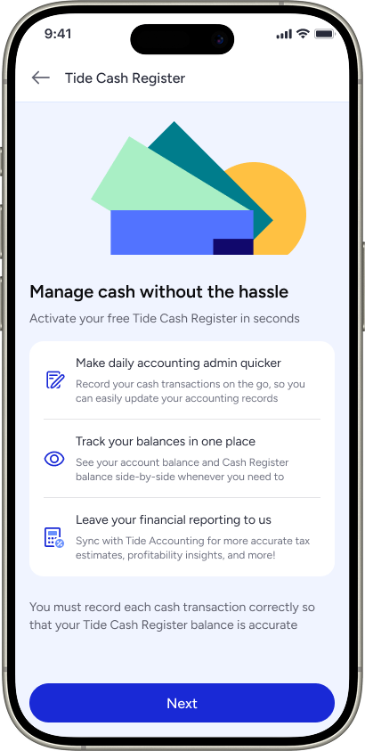 Manage your cash payments with Cash Register | Tide Business