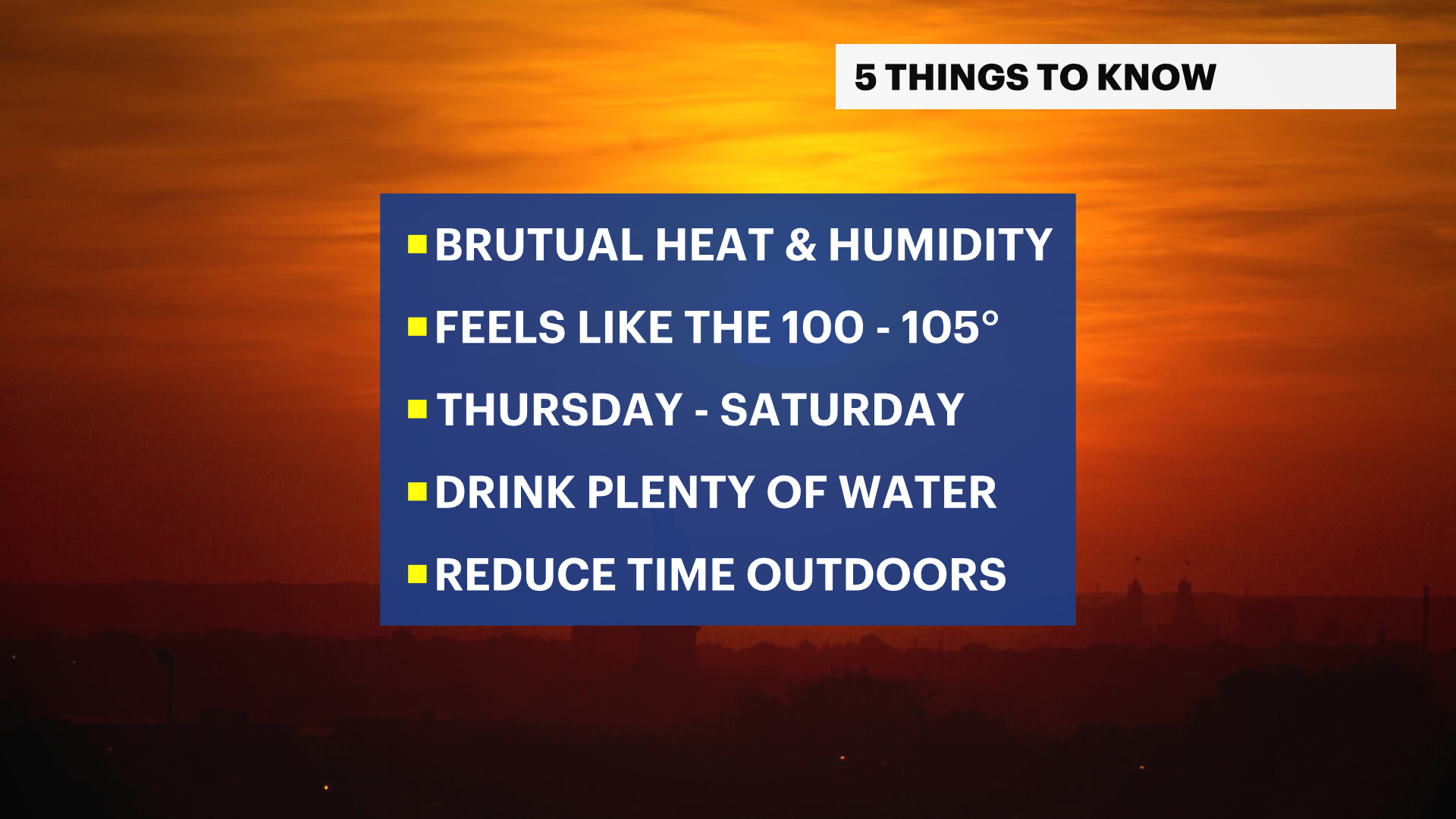 HEAT ALERT: Hot and humid in NYC; potential storms for Thursday