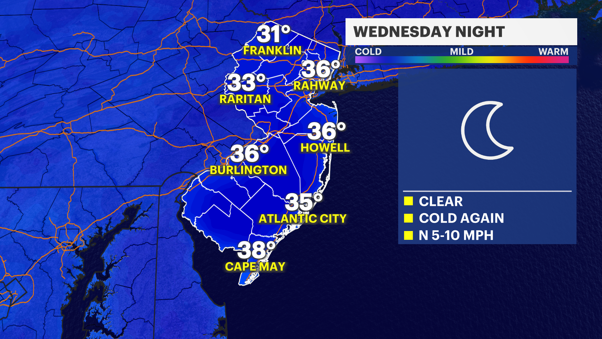 Temps dip to 30 degrees overnight; mild Wednesday ahead for New Jersey