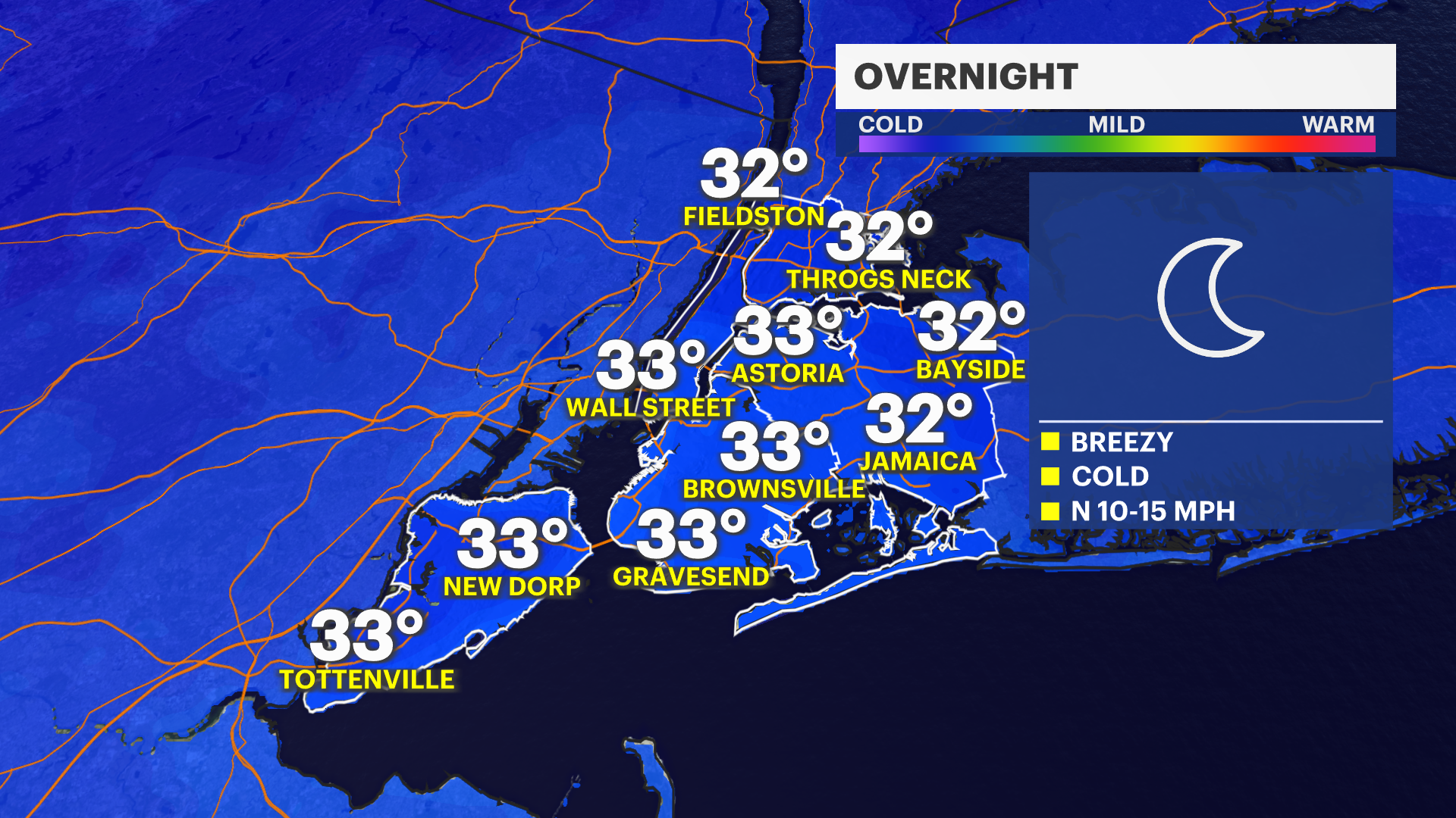 Cold and breezy Monday morning; high temps reach 50s in New York City