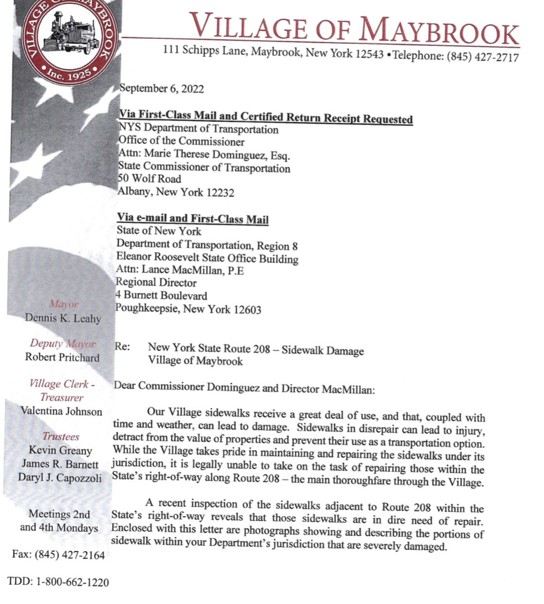 Village of Maybrook asks DOT to repair state-owned sidewalks