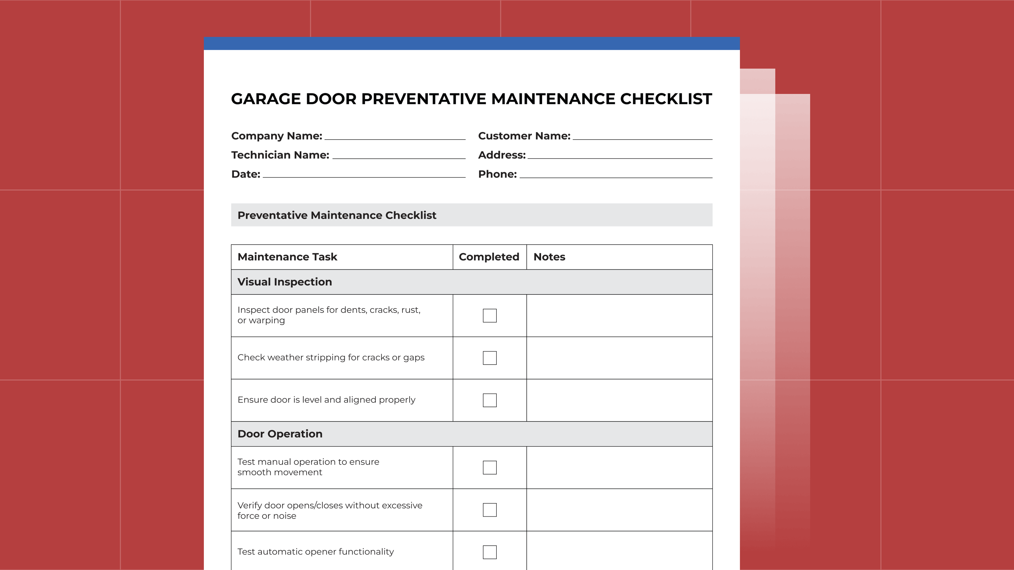Garage Door Preventative Maintenance Checklist (for Techs)