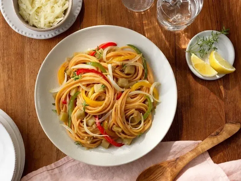 Red Lentil Spaghetti with Tender Bell Peppers & Eggplant Stew | Barilla