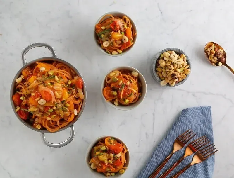 Red Lentil Spaghetti with Shallots, Multicolor Tomatoes & Toasted Nuts ...