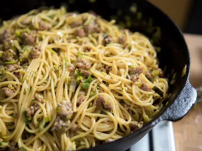 Thick Spaghetti with Sausage & Leeks Recipe | Barilla