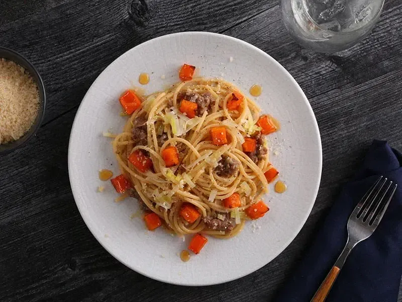 Spaghetti with Maple Syrup, Butternut Squash, Sautéed Sausage, and ...