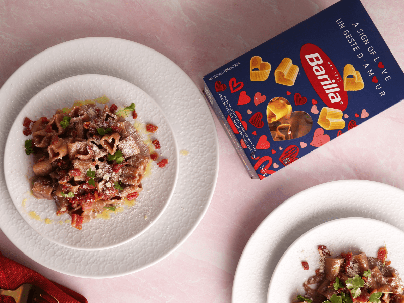 Barilla Heart Shaped Love pasta with creamy Chianti sauce, crispy bacon ...
