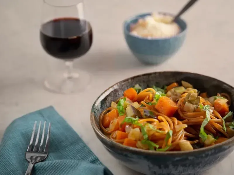 Red Lentil Spaghetti Pasta Recipe with Sautéed Eggplant and Sweet ...