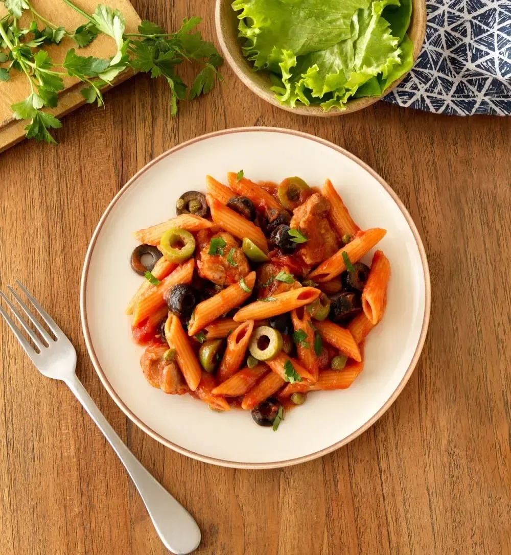 Red Lentil Penne Pasta with Chicken in a Tomato, Olive & Caper Sauce ...