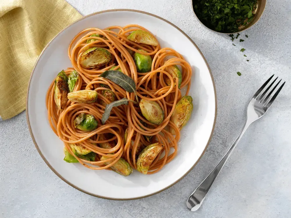 Red Lentil Spaghetti with Brown Butter Brussels Sprouts, Sage & Romano ...